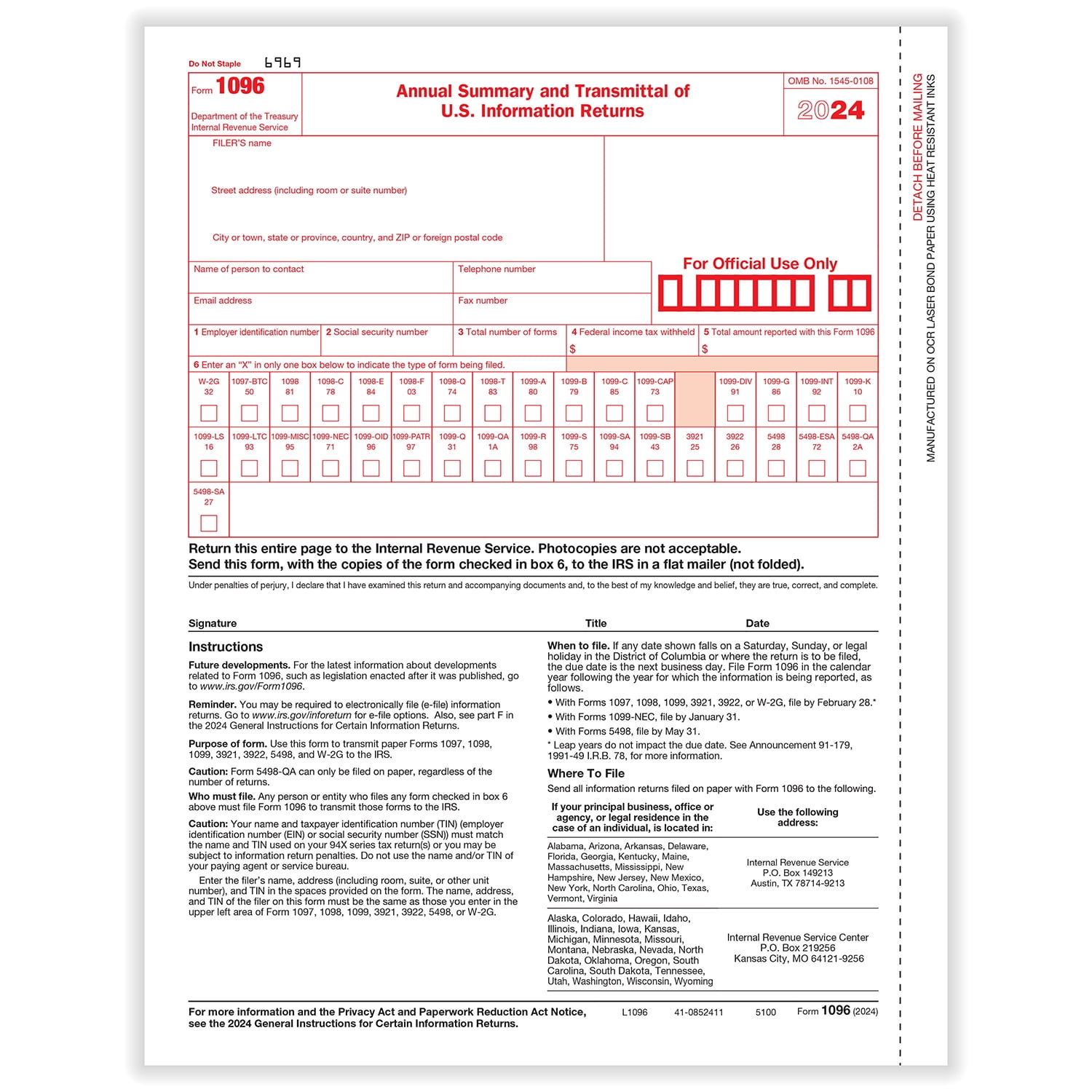 1096 Transmittal & Annual Summary Form, Laser, 25/Pk, 8.5 x 11 ...