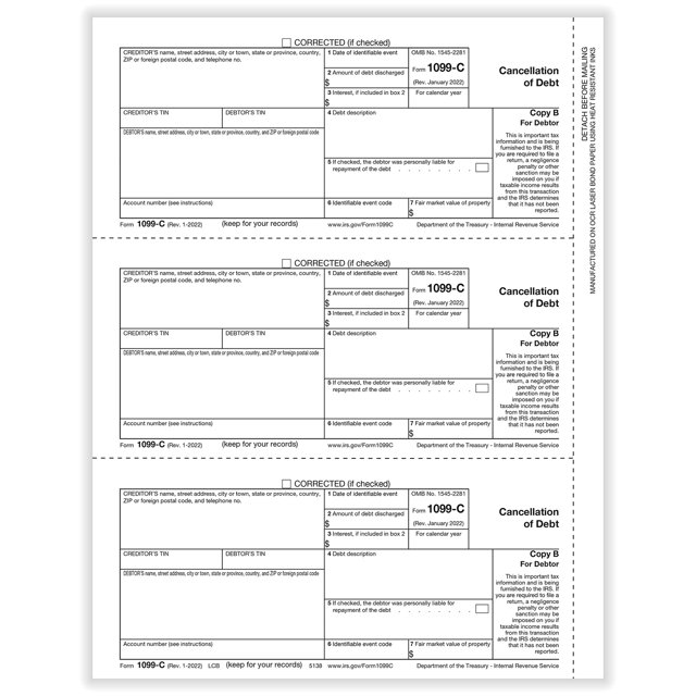 1099-C, 3-Up, Copy B Debtor (Cancellation of Debt), IRS Approved Tax ...