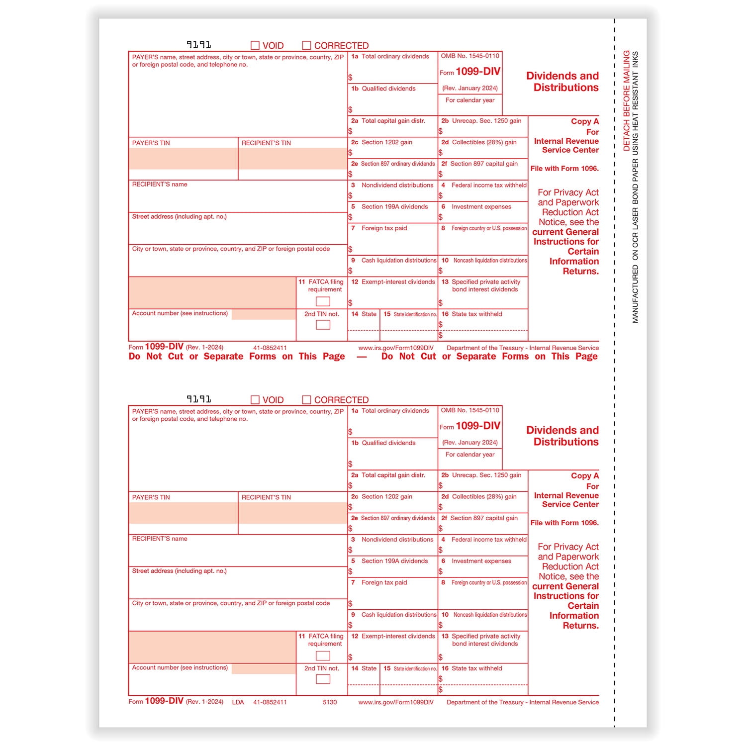 1099-DIV, 2-Up, Federal Copy A, IRS Approved Tax Forms 100/Pk - Walmart.com