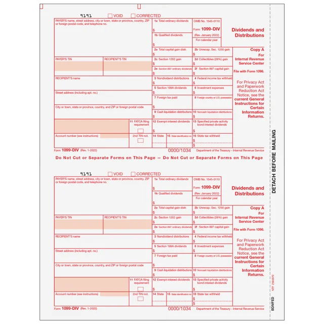 1099-DIV, 2-Up, Federal Copy A, IRS Approved Tax Forms 100/Pk - Walmart.com