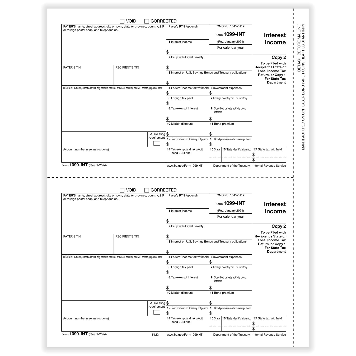 1099-INT, 2-Up, Payer or State Copy C, IRS Approved Tax Forms, 100/Pk ...