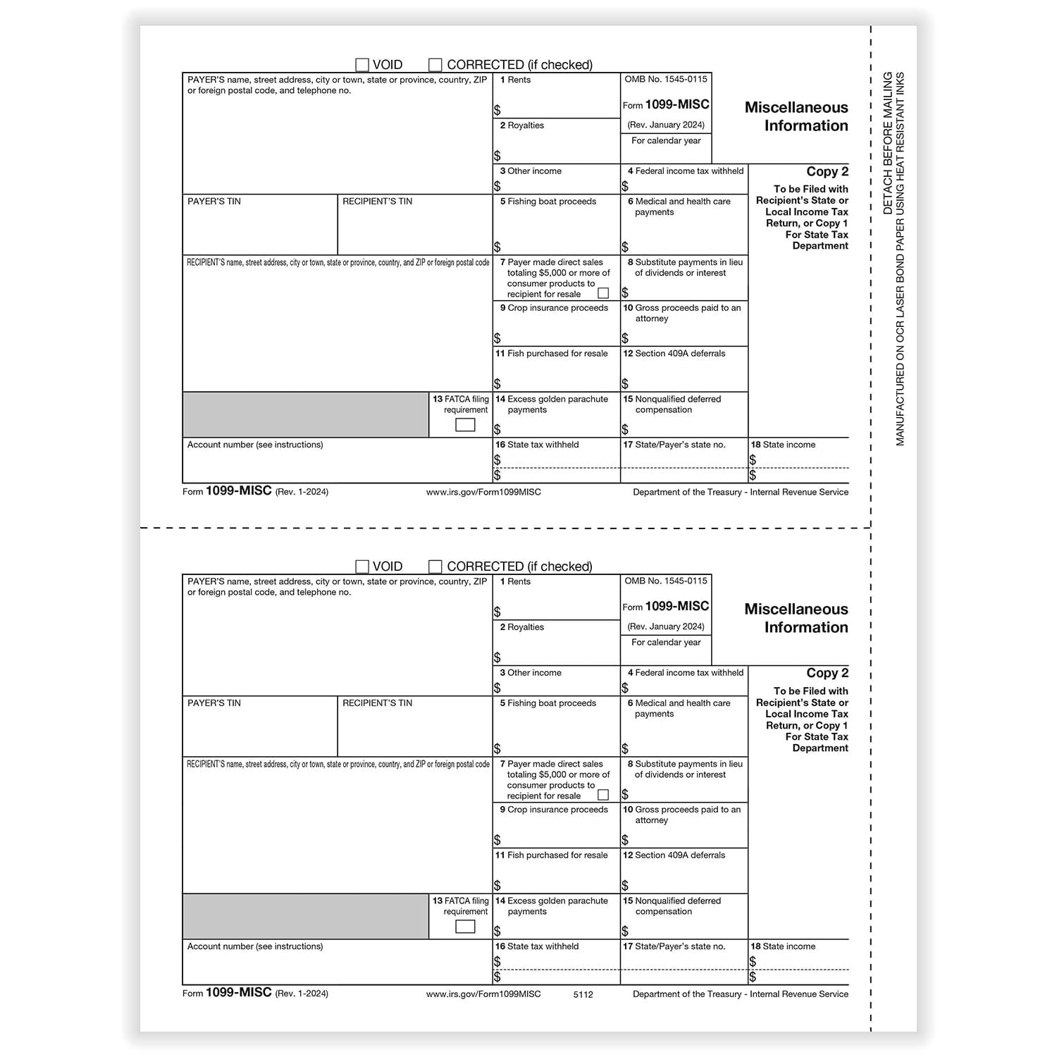 2-Up 1099-MISC Copy 2 for Payer/State or Copy 1, IRS Filing Tax Forms ...
