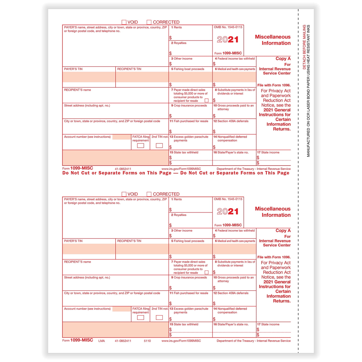 1099-MISC, 2-Up, Federal Copy A, IRS Approved Tax Forms, 100/Pk ...
