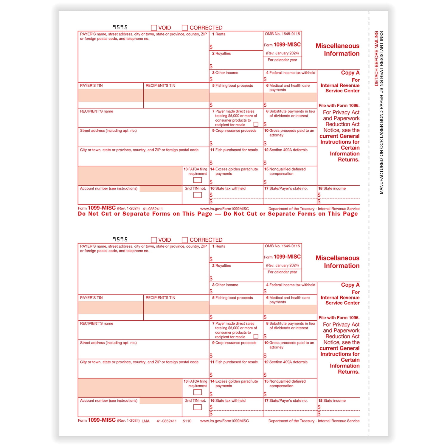 1099-MISC, 2-Up, Federal Copy A, IRS Approved Tax Forms, 100/Pk ...