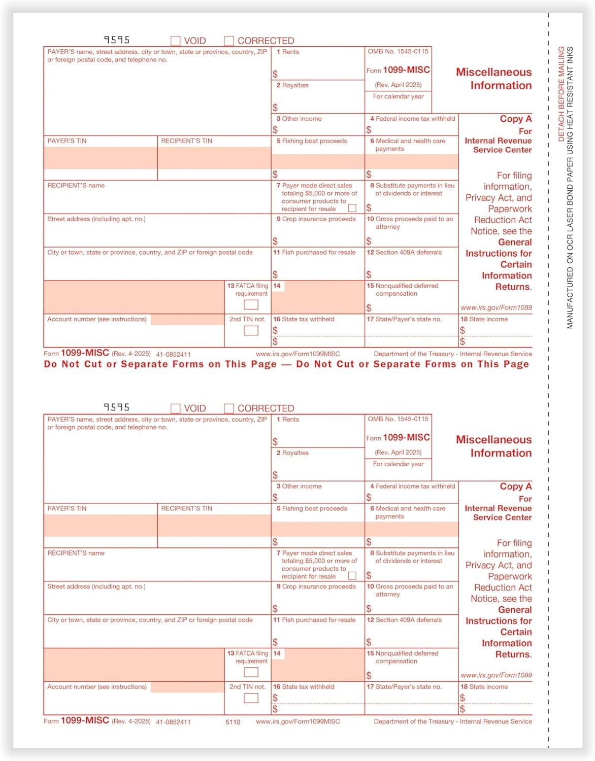 1099-MISC, 2-Up, Federal Copy A, IRS Approved Tax Forms, 100/Pk ...
