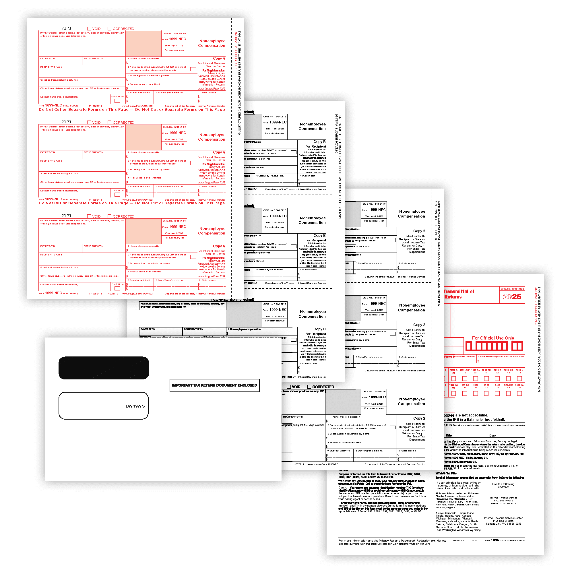 1099-NEC 4-Part Set, 3-Up Tax Forms Copy A, B, 2/1, 2/1 with Self_Seal ...