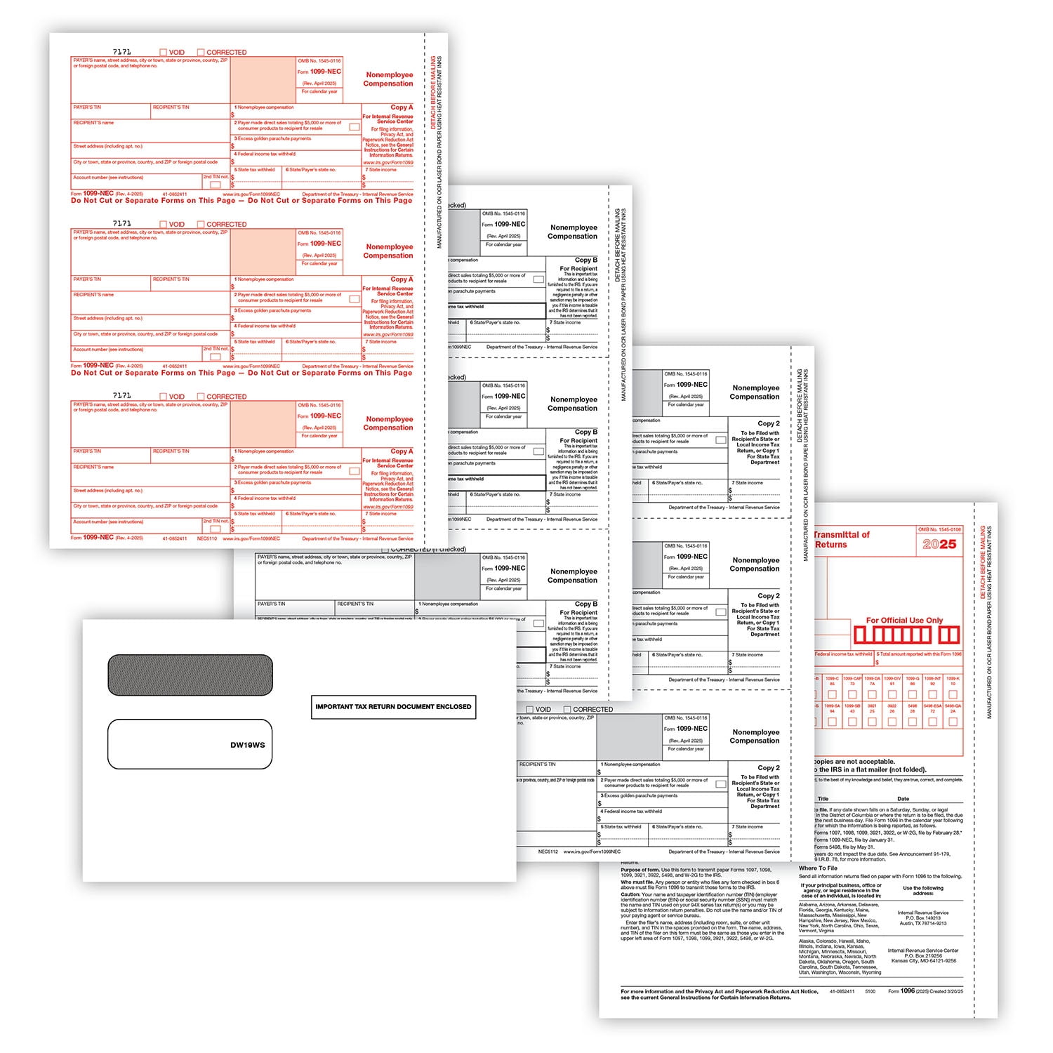 1099-NEC 4-Part Set Tax Forms 3-Up, Copy A, B, 2/1, 2/1 and Self-Seal ...