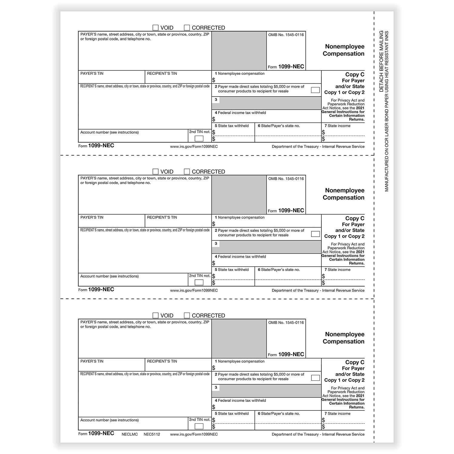 1099-NEC, Employee Copy C, 3-Up, IRS Approved Tax Forms, 150/Pk ...