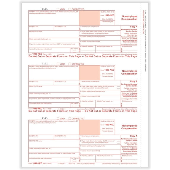 1099-NEC Federal Copy A, 3-Up Tax Forms, 150/Pk, 8.5x11, 20# Laser ...