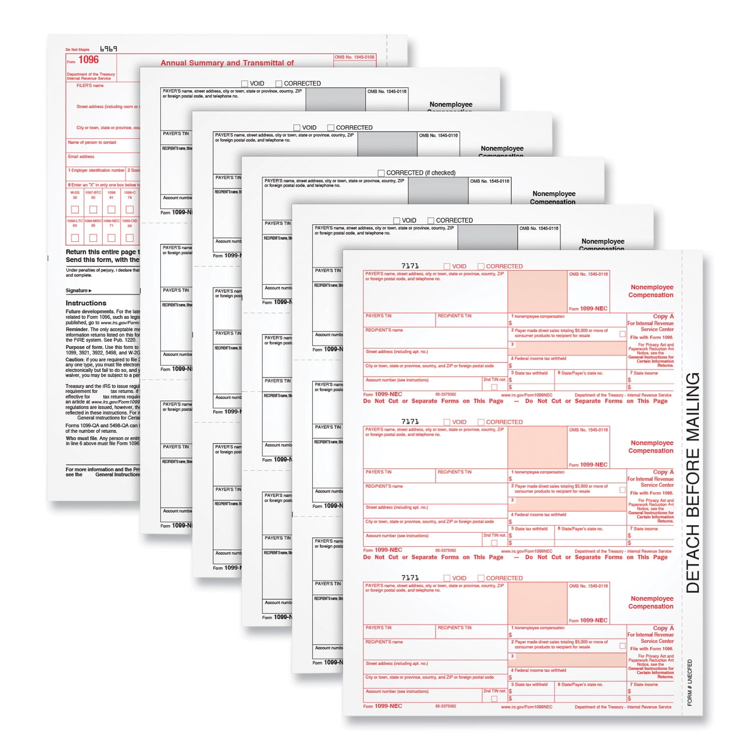 1099-NEC Tax Forms, Fiscal Year: 2023, Five-Part Carbonless, 8.5 x 3.5 ...