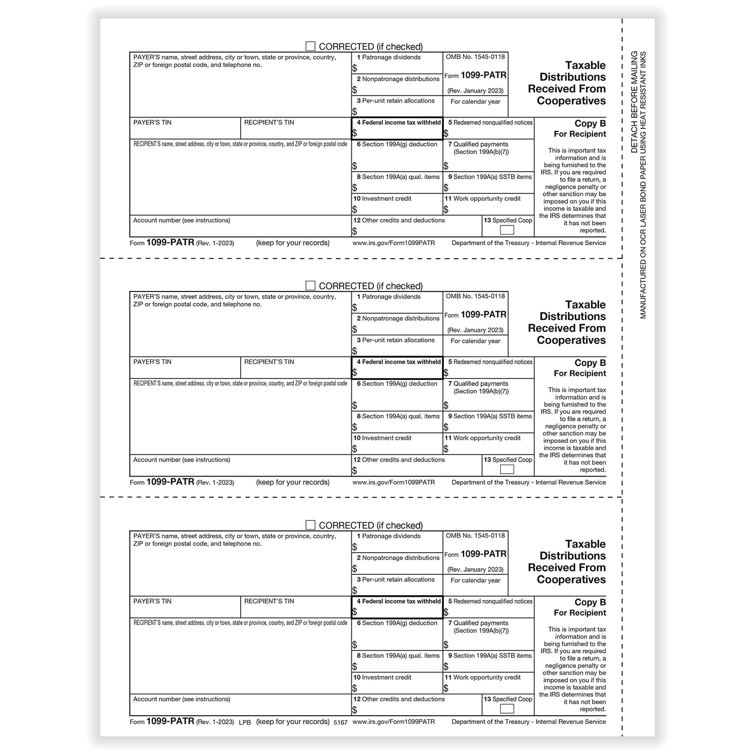 1099-PATR, 3-Up Recipient Copy B (Patronage), IRS Approved, 150/Pk ...