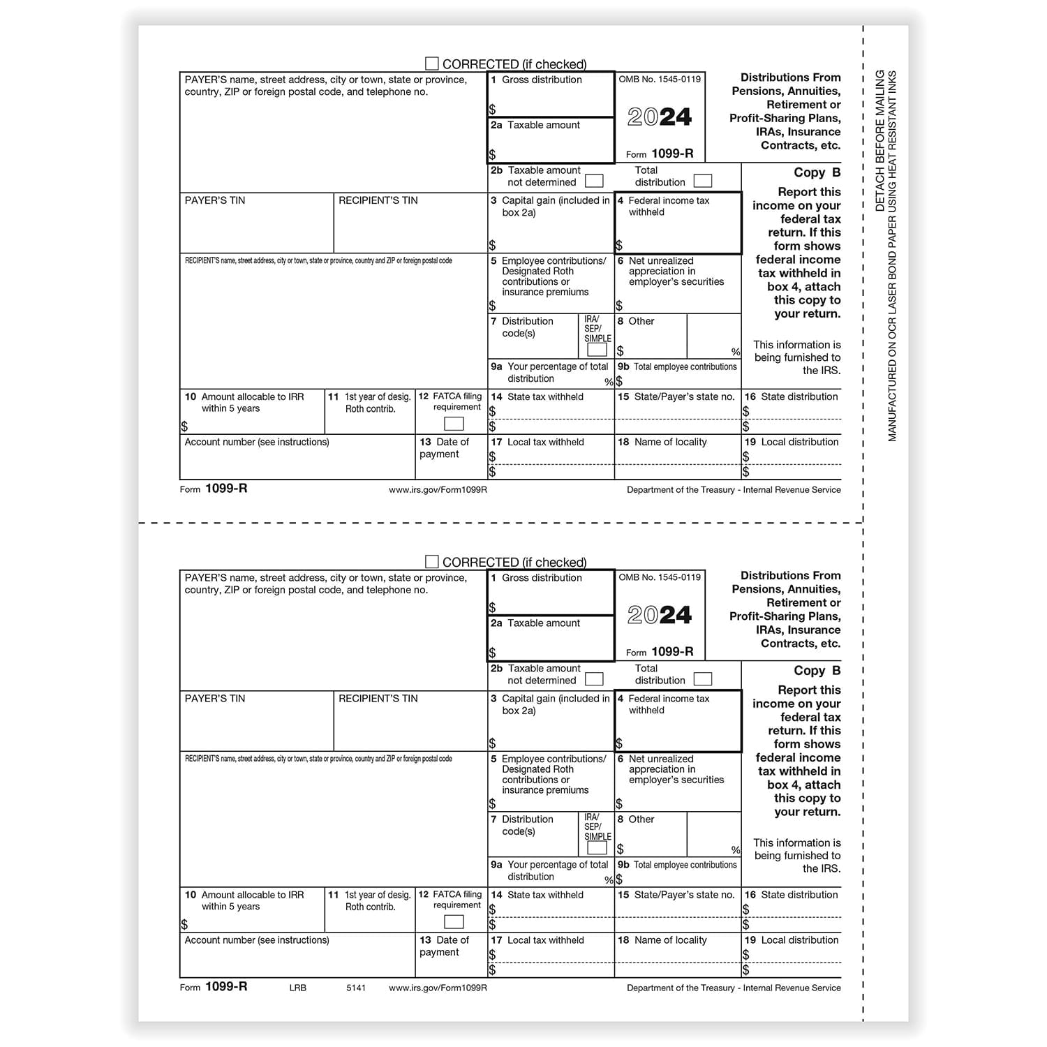 1099-R, 2-Up, Recipient Copy B, IRS Approved Tax Forms, 100/Pk ...