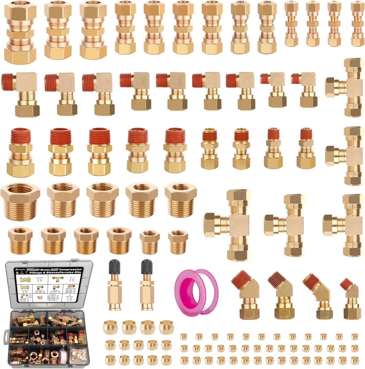 109Pcs Brass DOT Air Brake Line Fittings, 1/4" 1/8" 3/8" 1/2" 5/8 ...