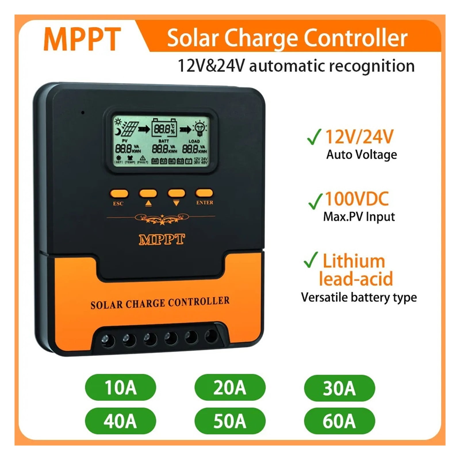 10A/20A/30A/40A/50A/60A Auto MPPT Solar Charge Controller 12V/24V LCD Dual USB Solar PV ...
