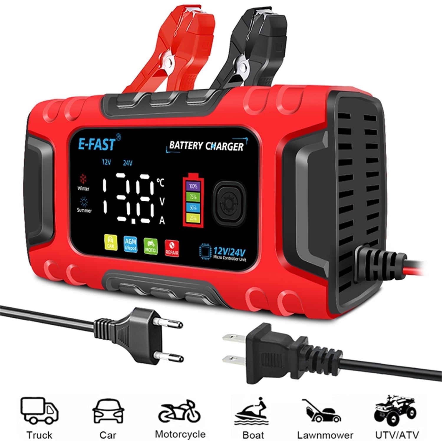 10A E-FAST Smart Battery Charger for Lifepo4/Lead Acid 12V/24V, Car ...