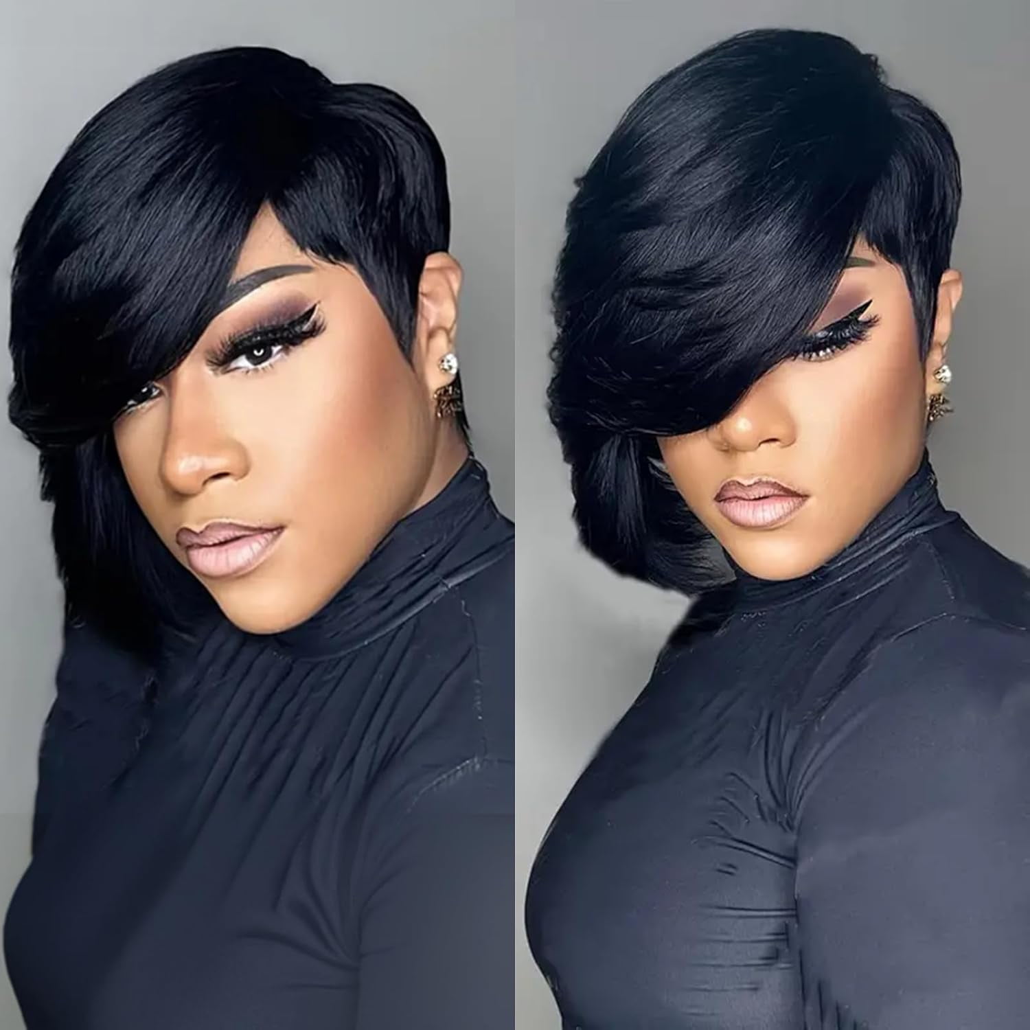10A Side Part Pixie Cut Wigs for Black Women Natural 1B Color Short ...