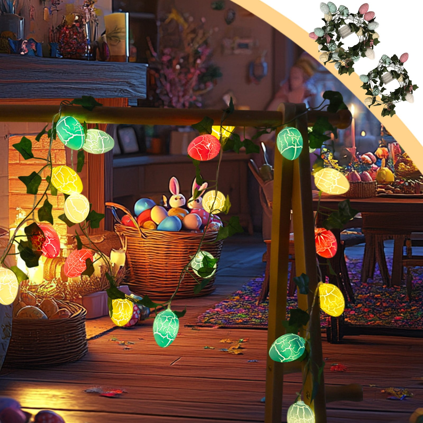 10FT 20LED Easter Crack Eggs Lanterns String Simulation Leaf Vines ...