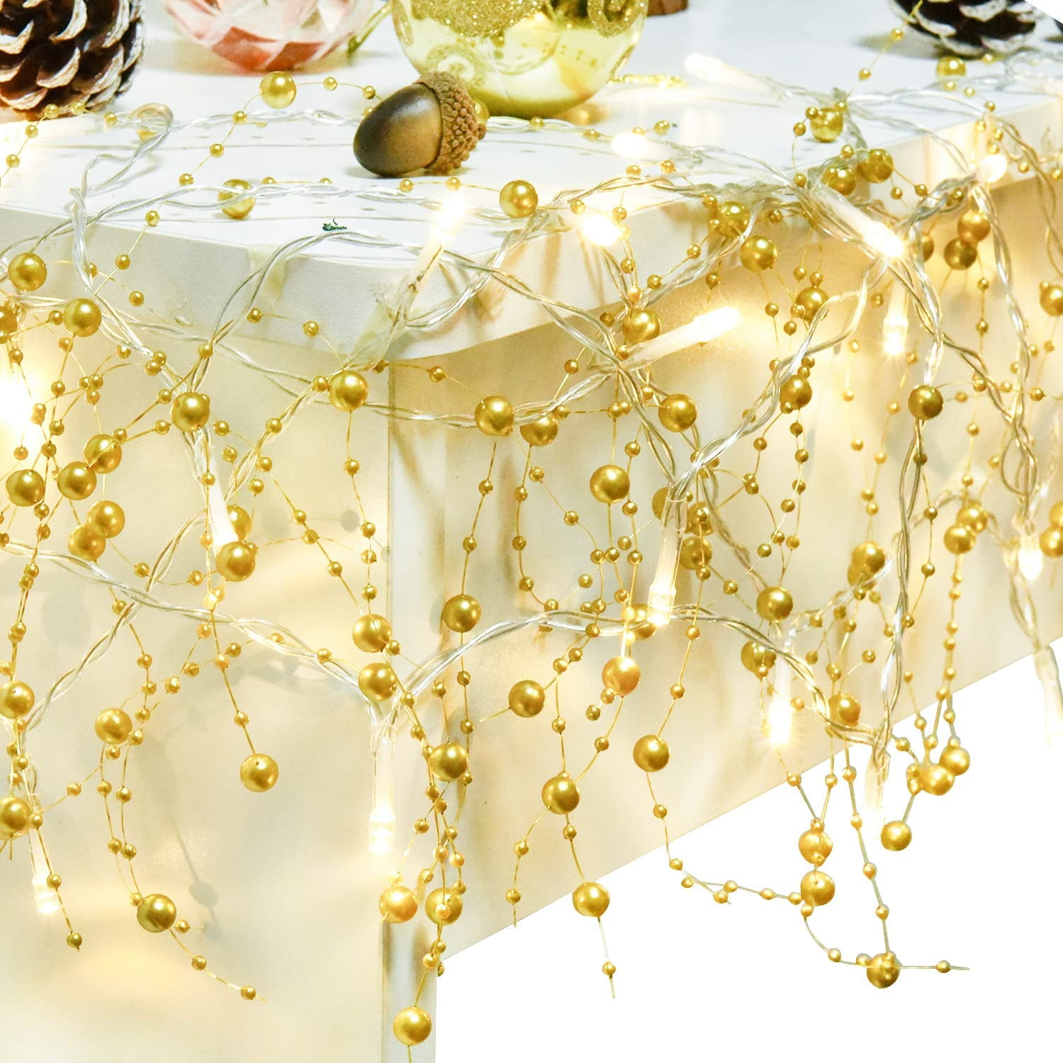 10FT Christmas Berry Lighted Beaded Garland, 30 LED Decorative Prelit ...