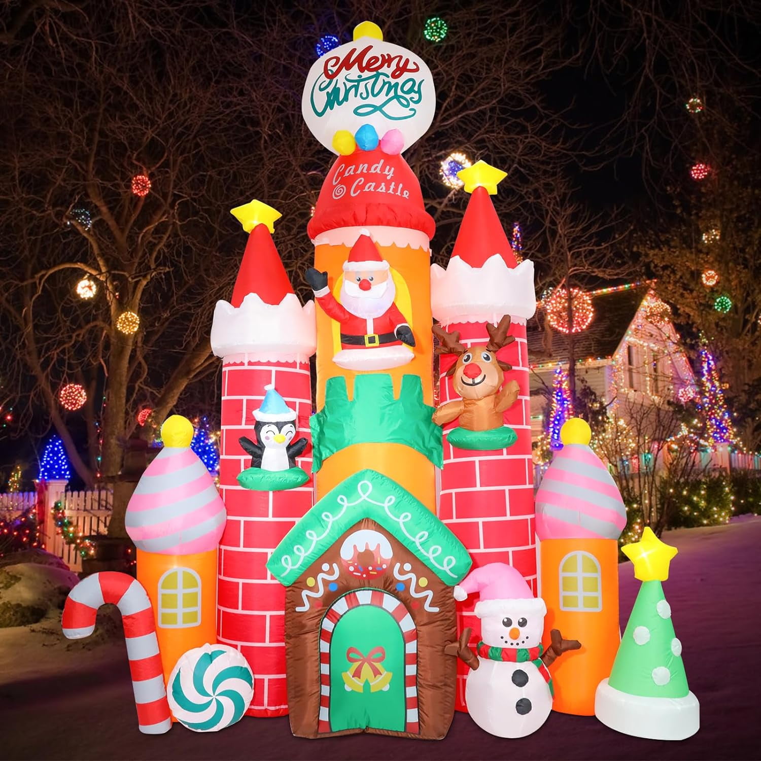 10FT Outdoor Christmas Inflatables, Candy Castle with Santa, Snowman ...