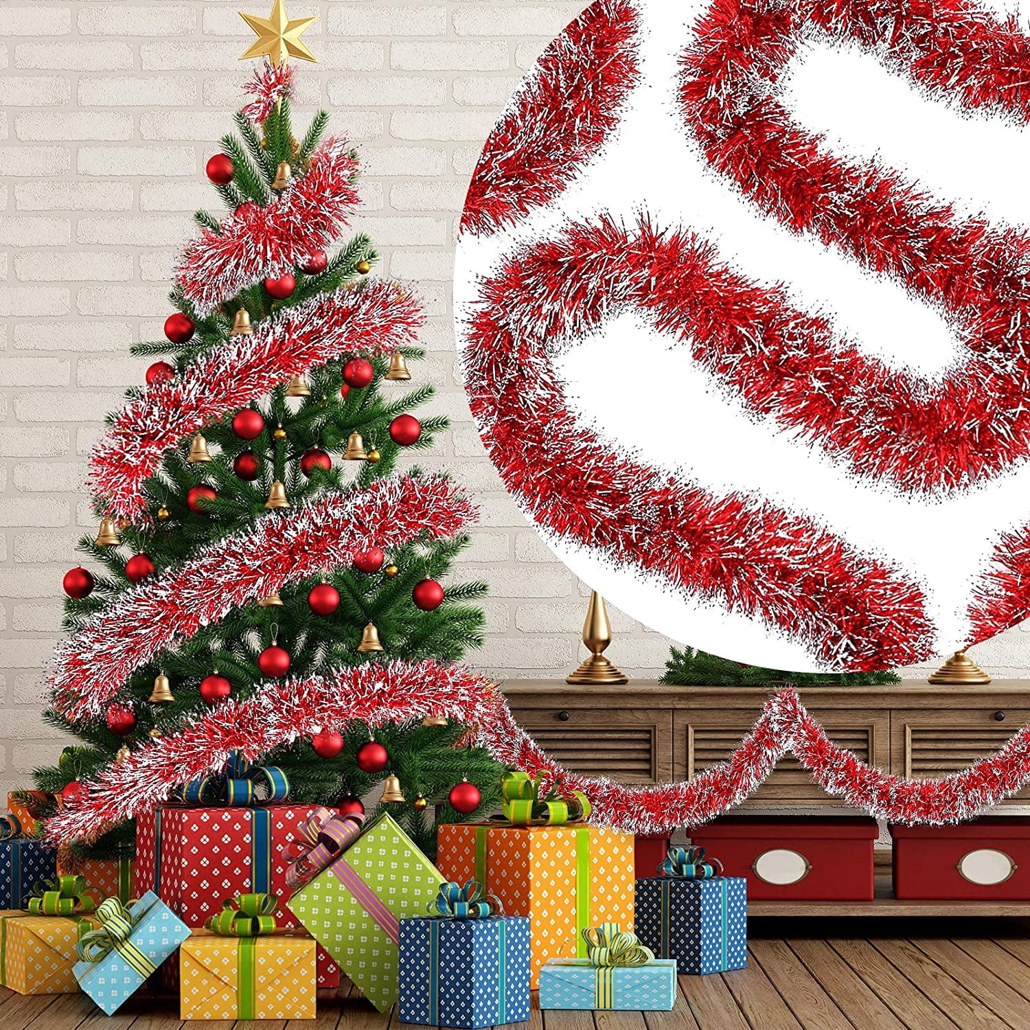 10FT Christmas Tinsel Garland Metallic Twist Garland Frost Tip Glitter ...