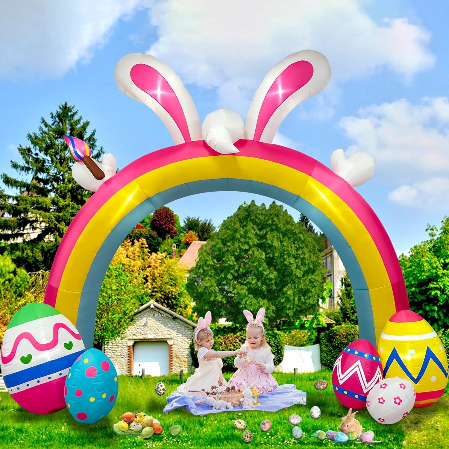 10FT Easter Inflatable Bunny Colorful Eggs Rainbow Archway Decorations ...