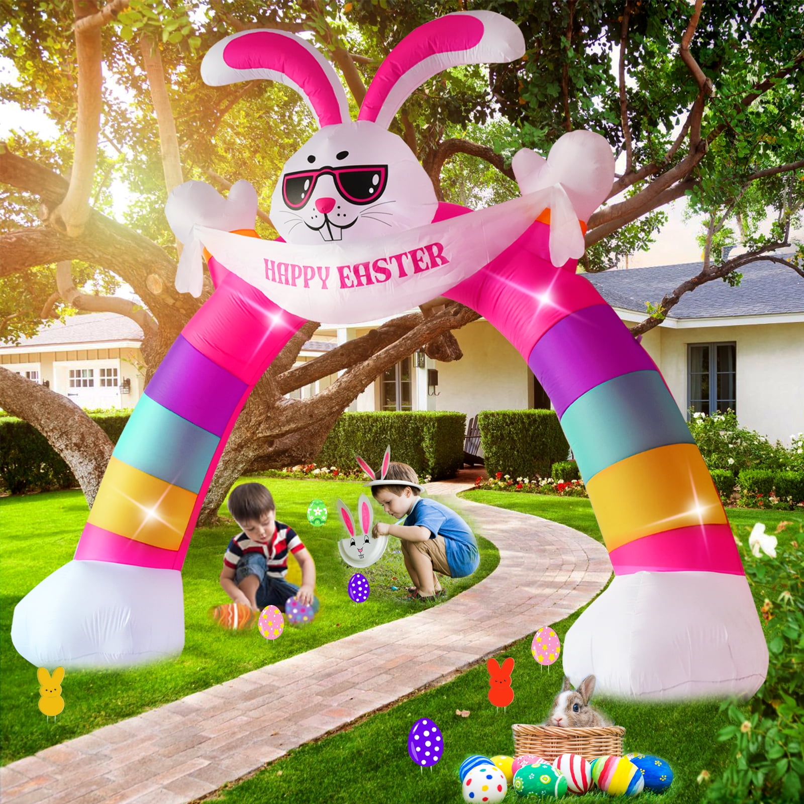 10FT Easter Inflatable Yard Decorations Bunny Archway Blow Ups Yard Decoration with LED Lights ...
