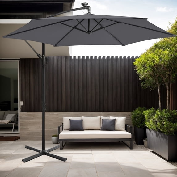 10FT Gray Banana Hanging Patio Umbrella Built-in 18 LED Lights, 6 Iron ...