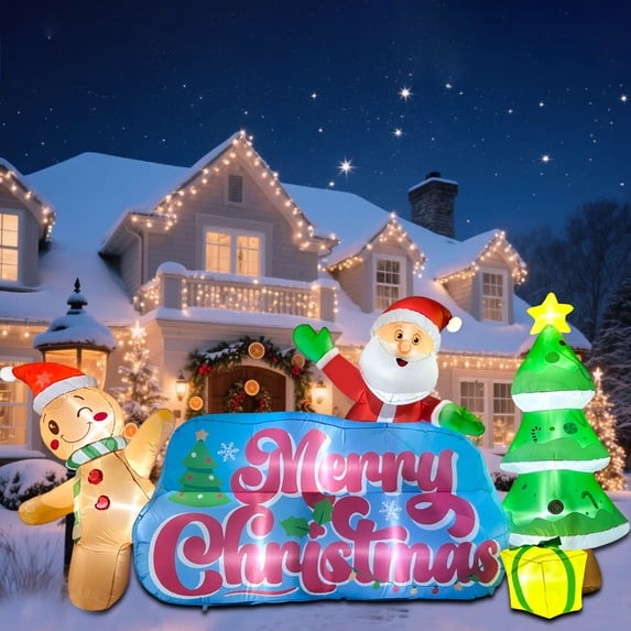 10FT Inflatables Merry Christmas Banner with Santa, Gingerbread Man ...