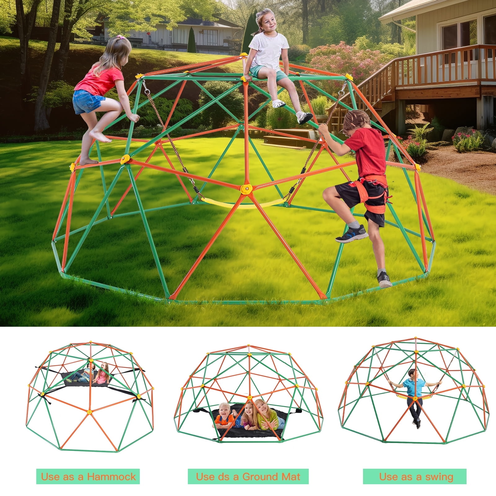 10FT Kids Jungle Gym, Climbing Dome with Hammock & Swing, Outdoor Play ...