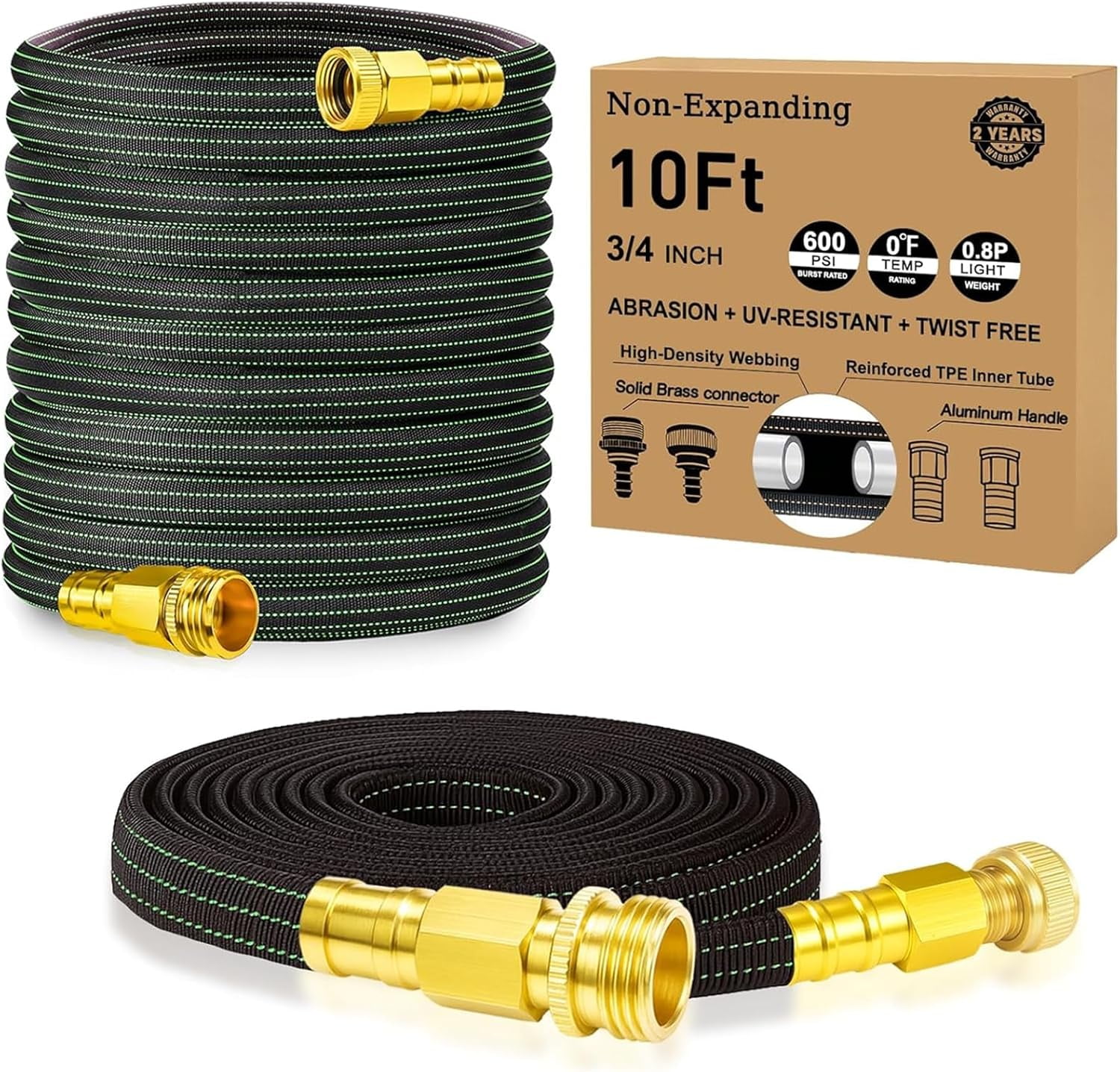 10FT Lightweight Garden Hose,Flexible Water Hose with Solid Brass Head ...