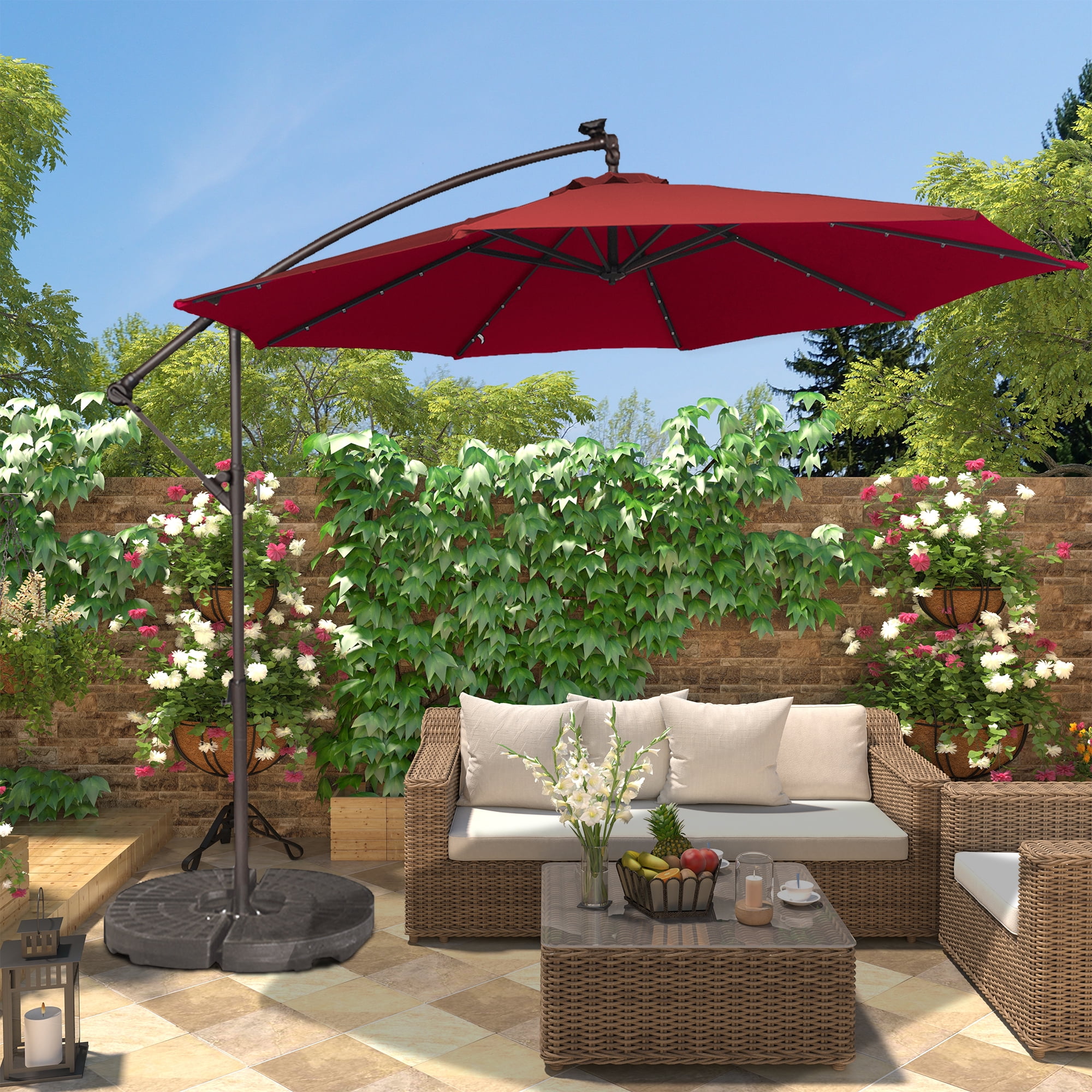 10FT Patio Solar-Lighted 36 LED Cantilever Offset Umbrella Crank Tilt ...