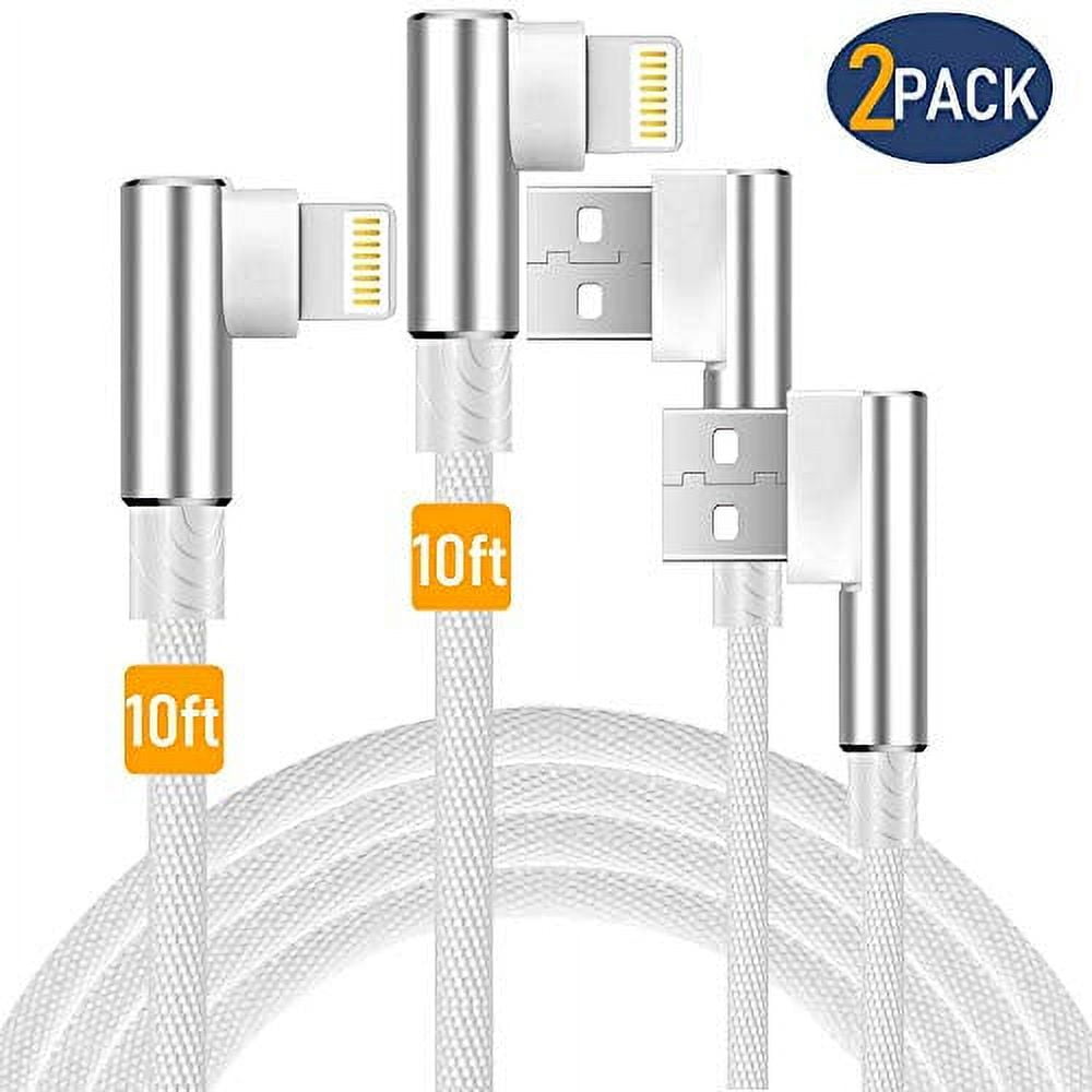 10FT Phone Charger Cable, 2-Pack 90 Degree Nylon Braided Data Cable ...