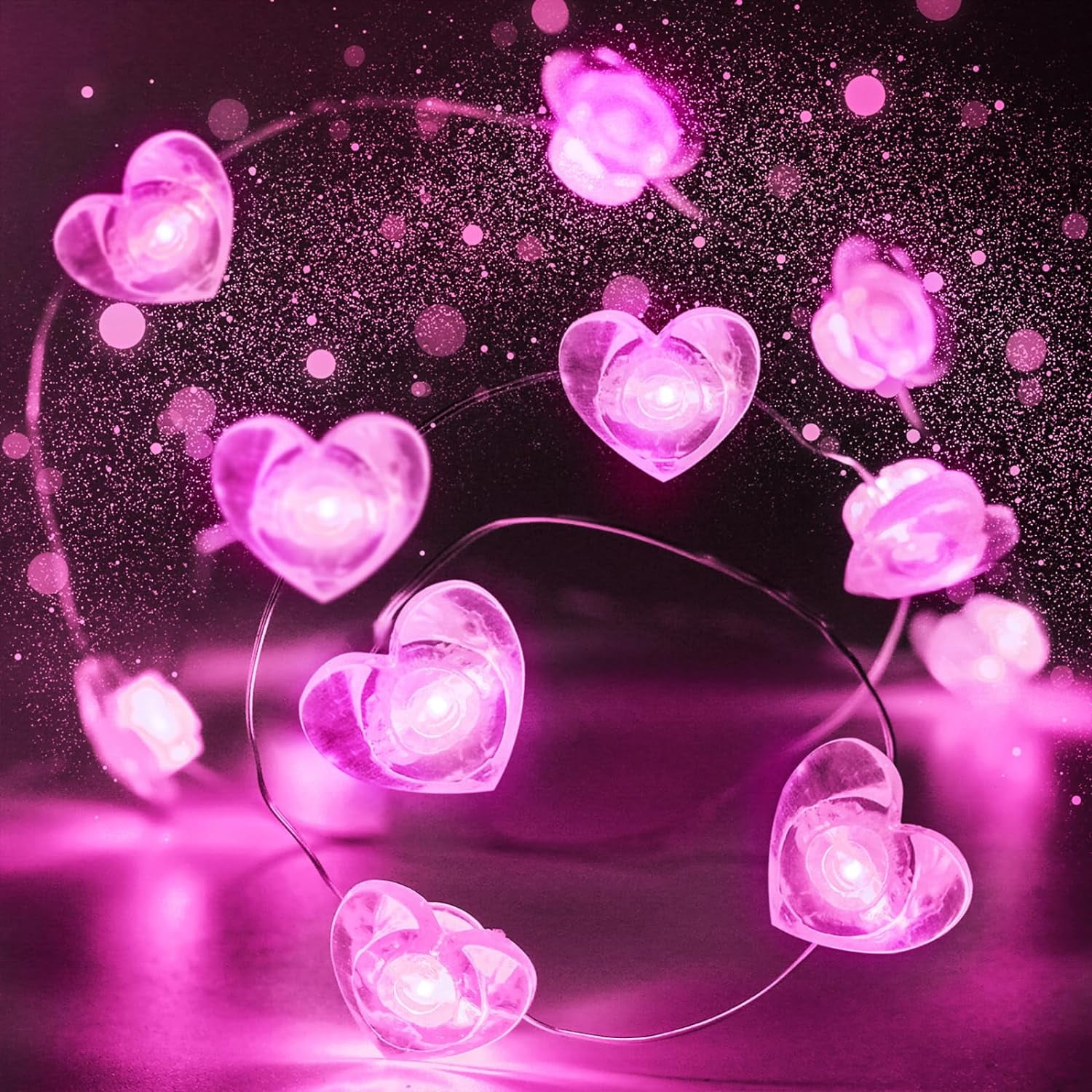 10FT Pink Heart Fairy Lights Battery Operated with Timer for Mothers Day Decoration, LED String ...