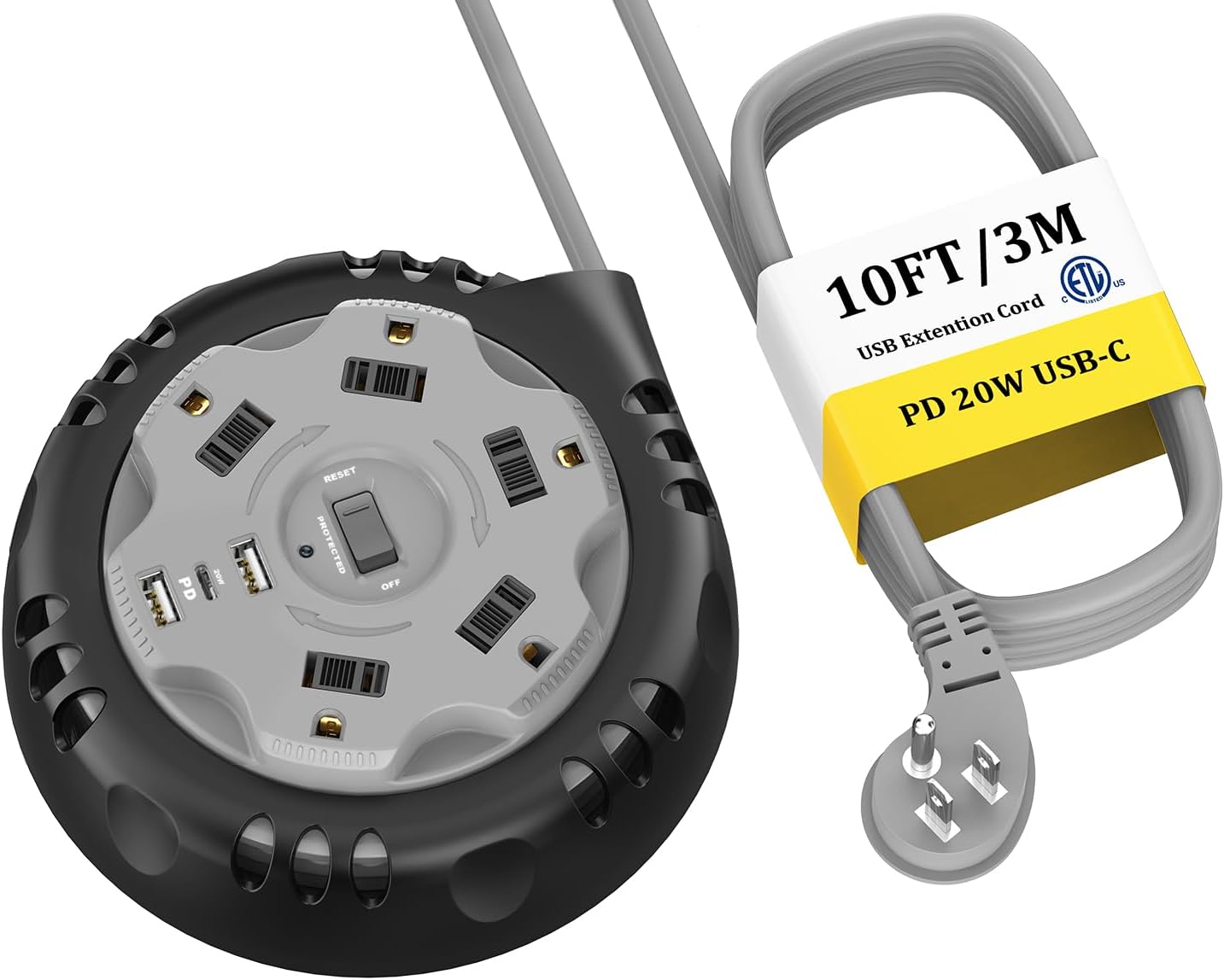 10FT Retractable Extension Cord Reel Surge Protector Power Strip with ...