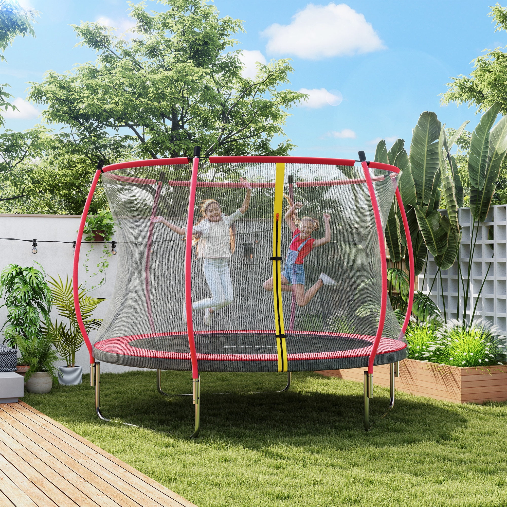 10FT Round Red Trampoline with Safety Enclosure Net, 330Lbs Weight ...