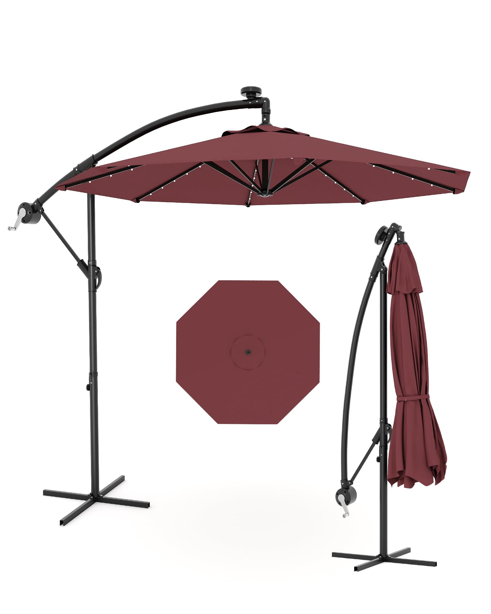 10FT Solar Cantilever Patio Umbrella with 32 LED Lights and 8 Ribs ...