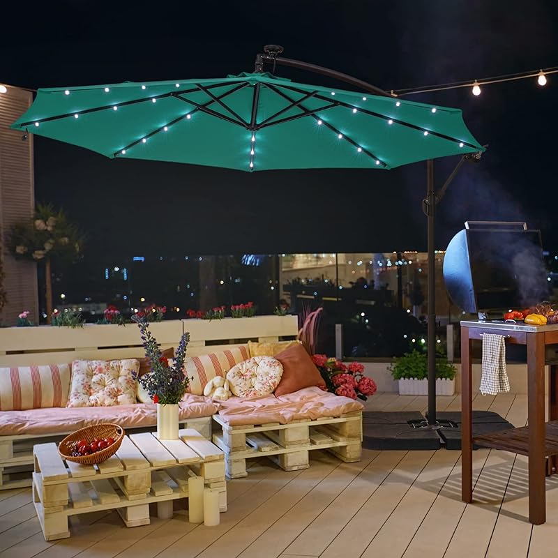 10FT Solar LED Offset Patio Umbrella, 32 LED Lighted Cantilever ...
