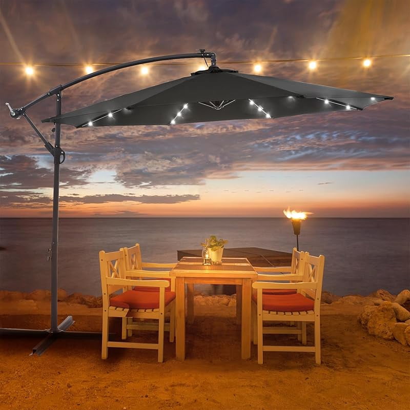 10FT Solar LED Offset Patio Umbrella, 32 LED Lighted Cantilever ...