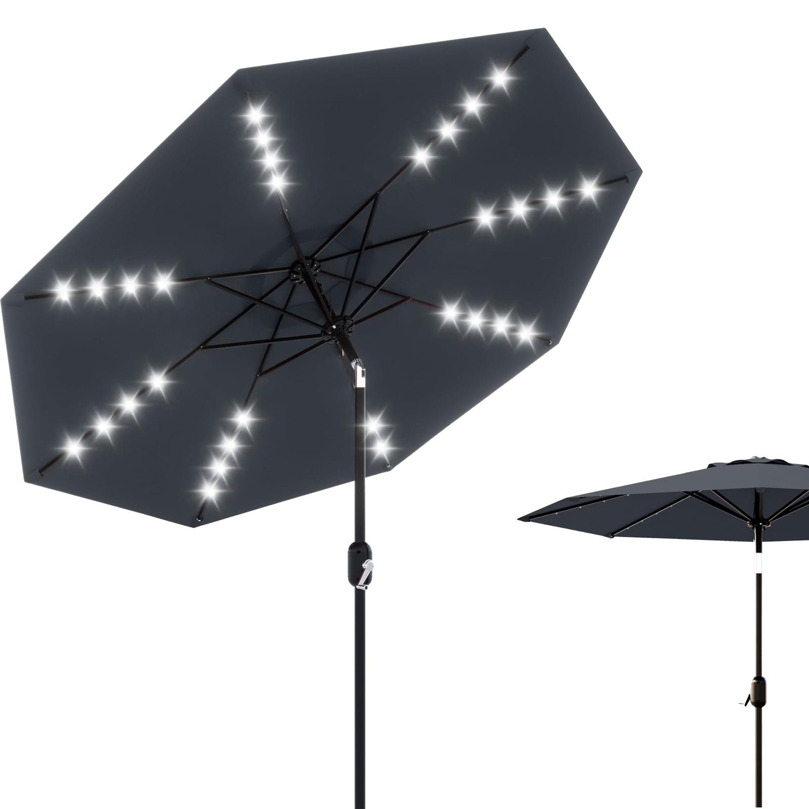 10FT Solar LED Patio Umbrella, Waterproof UPF Polyester Canopy, 1.5 ...