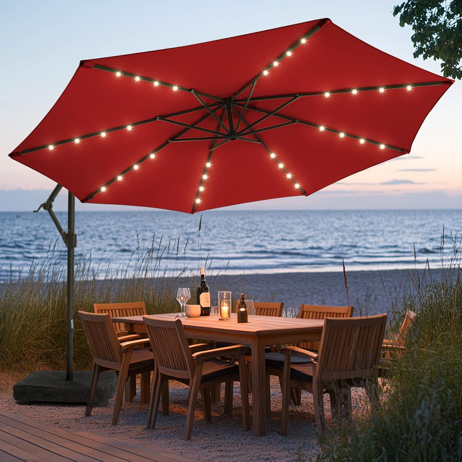 10FT Solar Patio Offset Umbrella with Base Included, Outdoor Cantilever ...