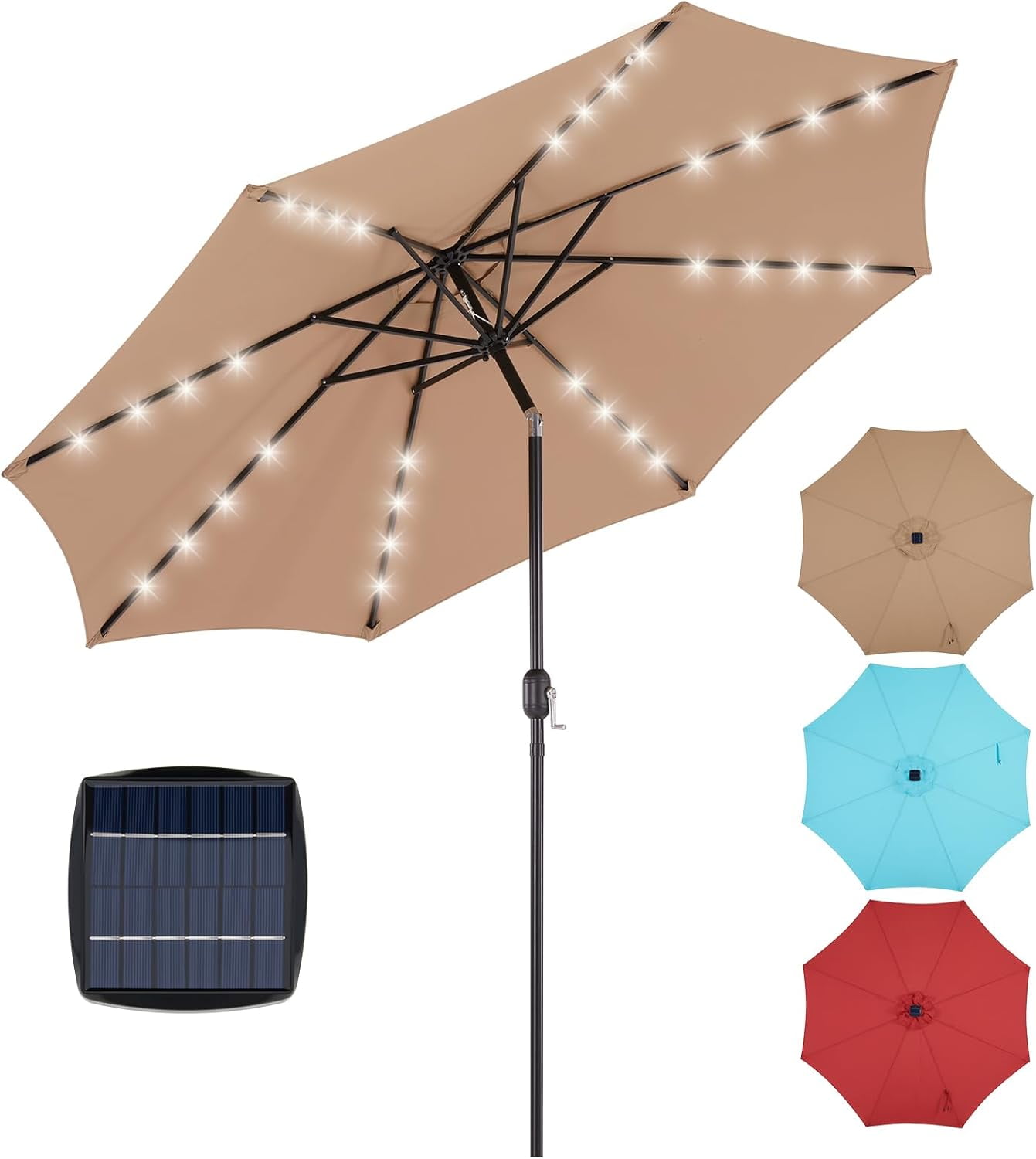 10FT Solar Patio Umbrella with 32 LED Lights, Tilt and Crank Button & 8 ...