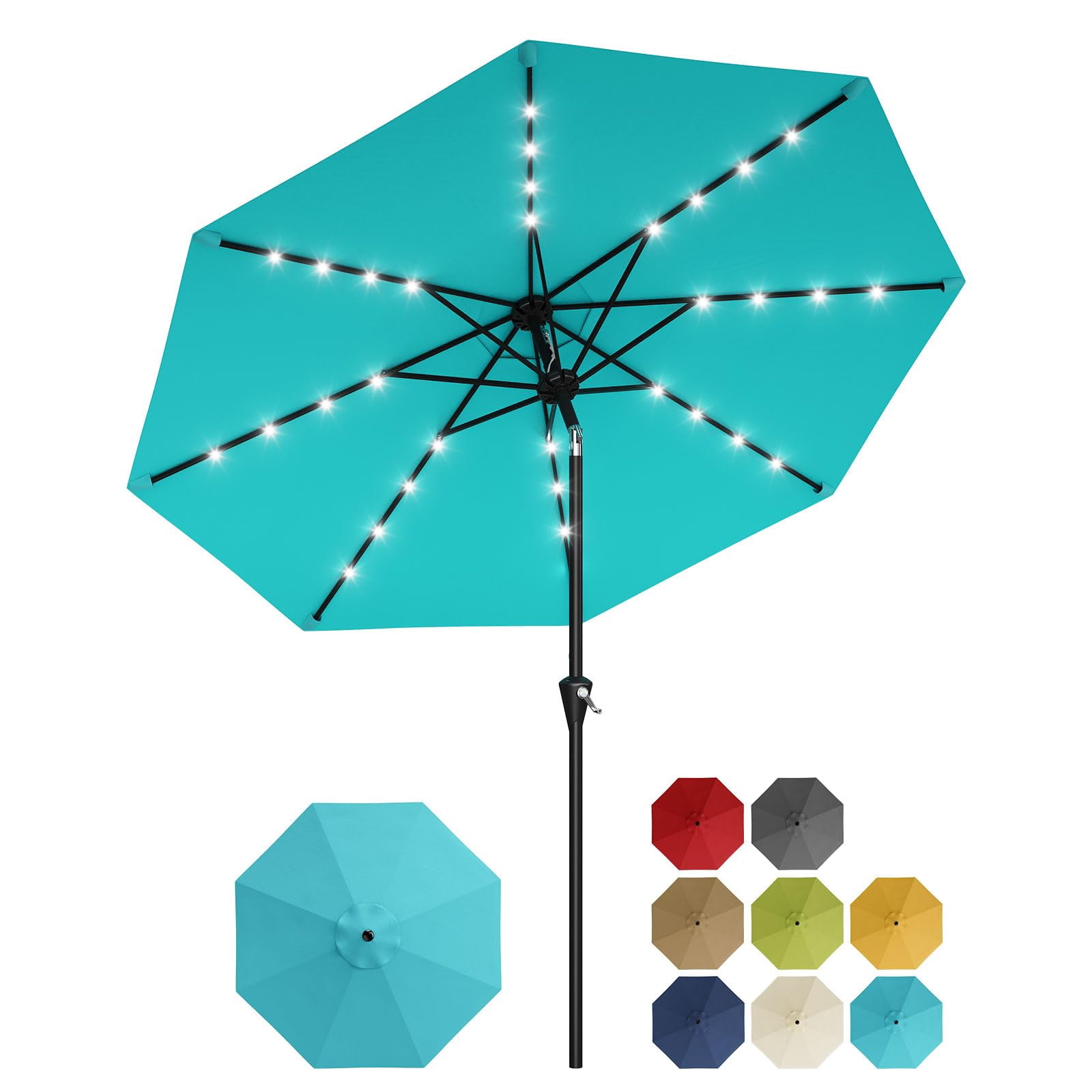 10FT Solar Patio Umbrella with 32 LED Lights Outdoor Market Shade UV ...