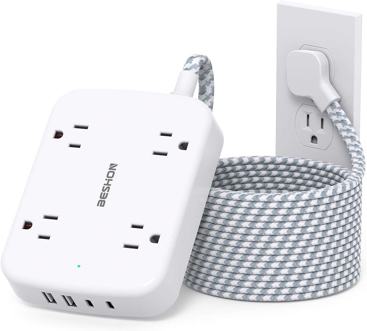 10FT Surge Protector Power Strip, Flat Extension Cord with 2 USB C ...