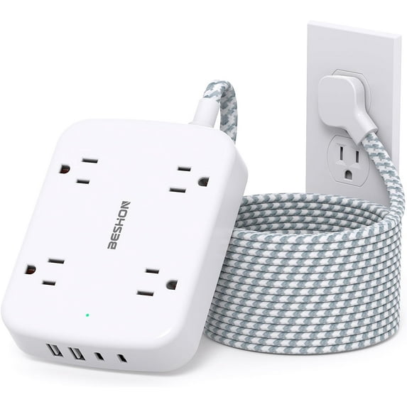 10FT Surge Protector Power Strip, Flat Extension Cord with 2 USB C ...