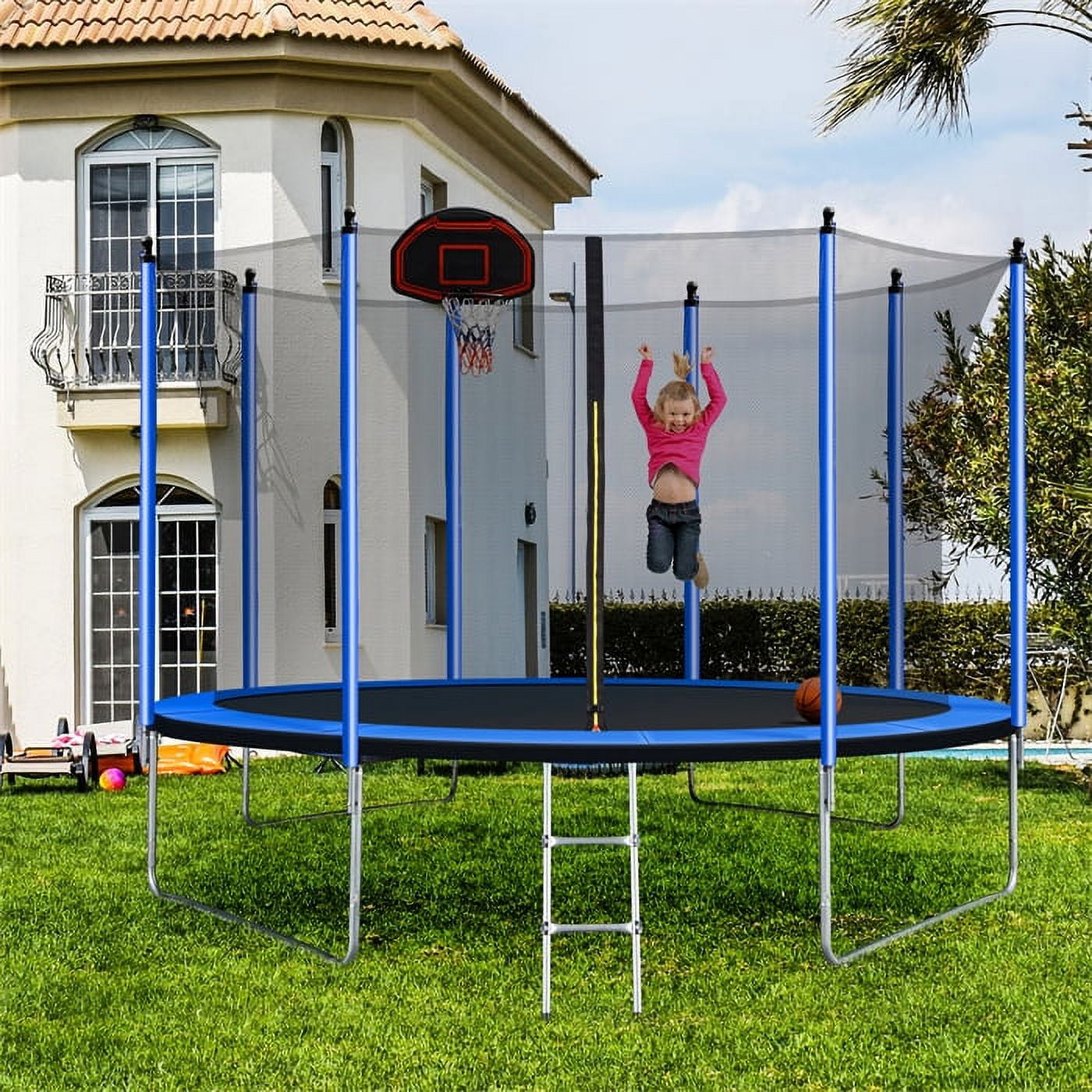 10FT Trampoline with Basketball Hoop and Inflator, Recreational ...