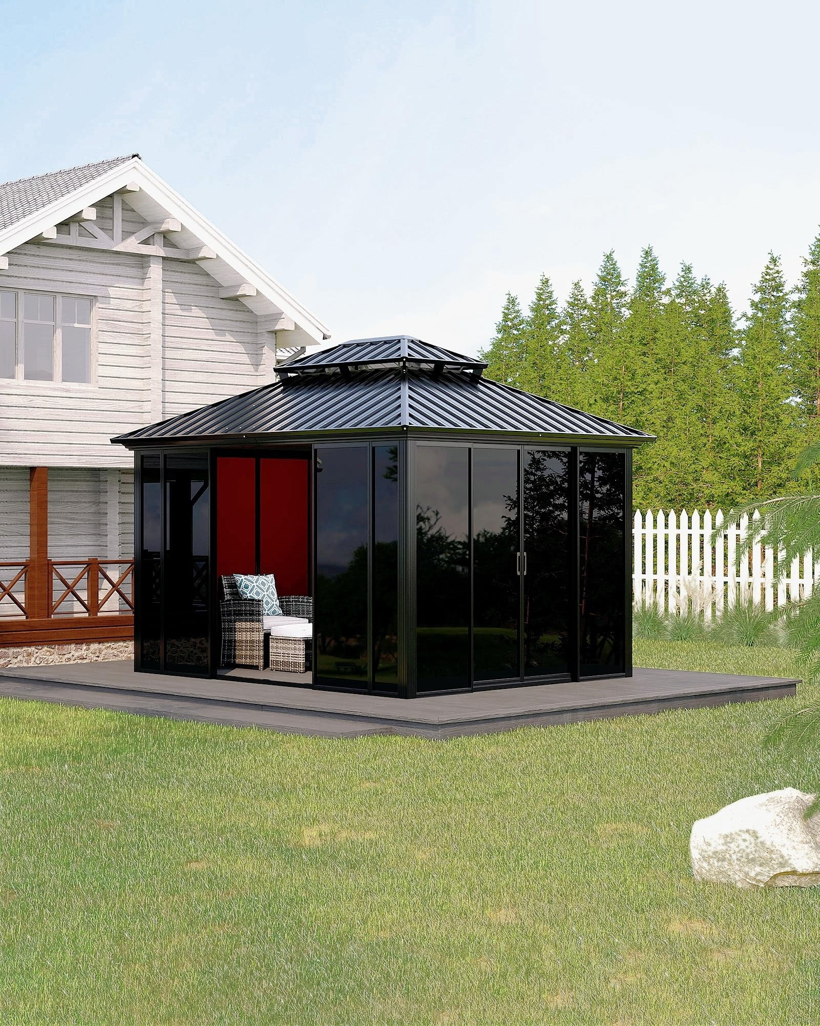 10FT x 14FT Hard top Wood Gazebo with Clear Acrylic Wall for All ...