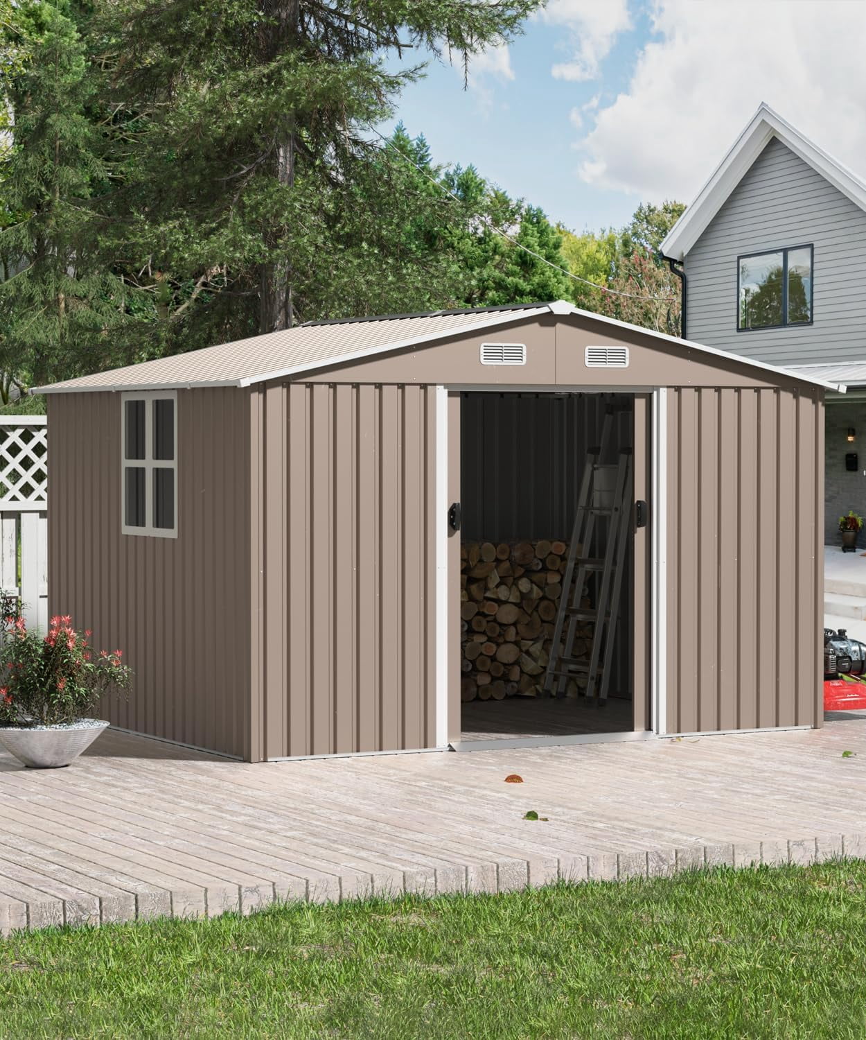 10FT x 8FT Outdoor Storage Shed, Waterproof Lockable Door Metal Tool ...