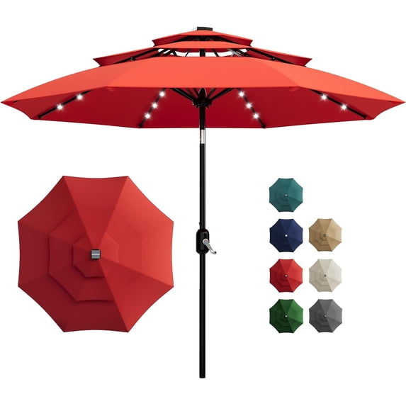 10Ft 3-Tier Solar Patio Umbrella with LED Easy Crank Tilt 8 Ribs UV and ...