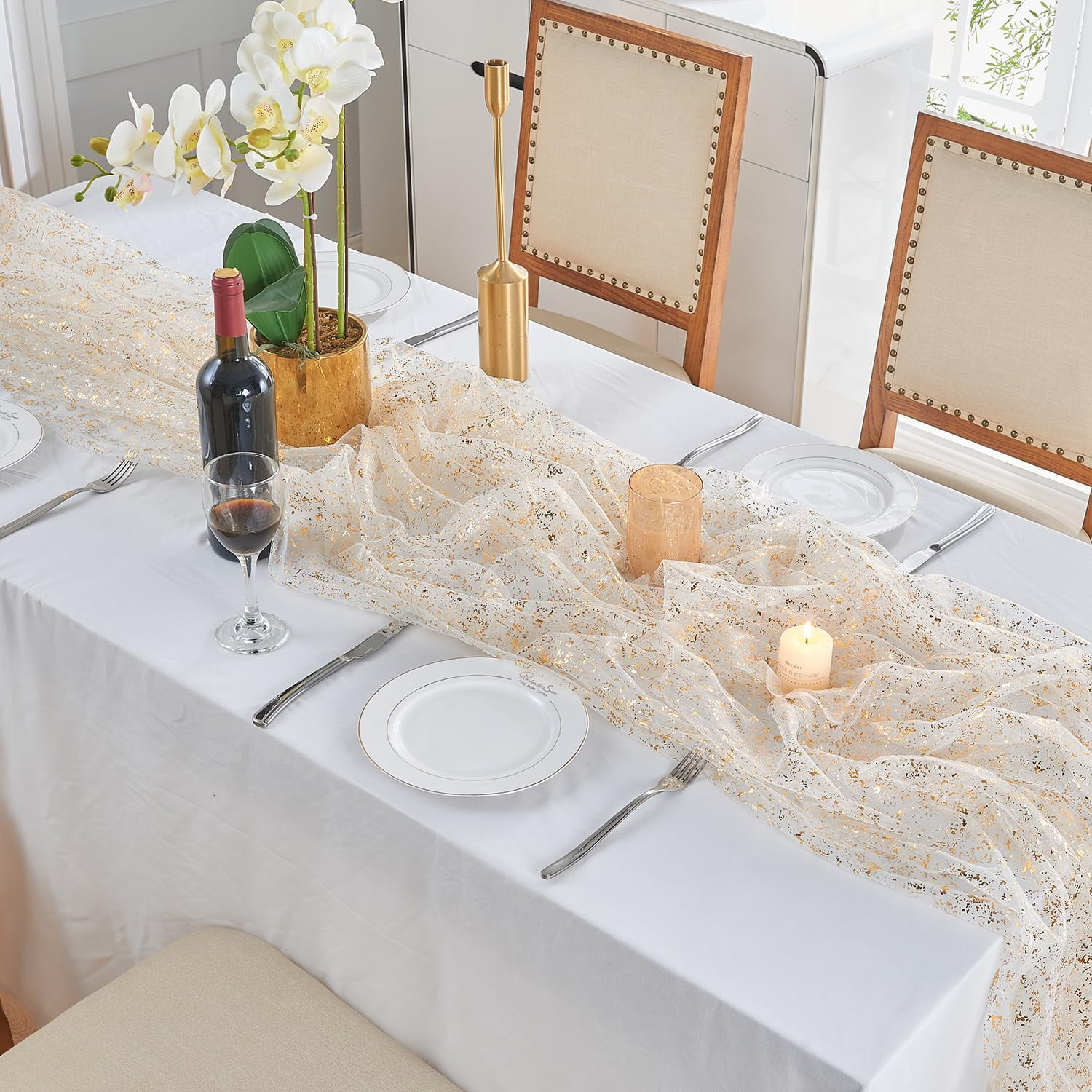 10Ft 6PCS Gauze Table Runner Sheer Golden Runners Sequin Glitter ...