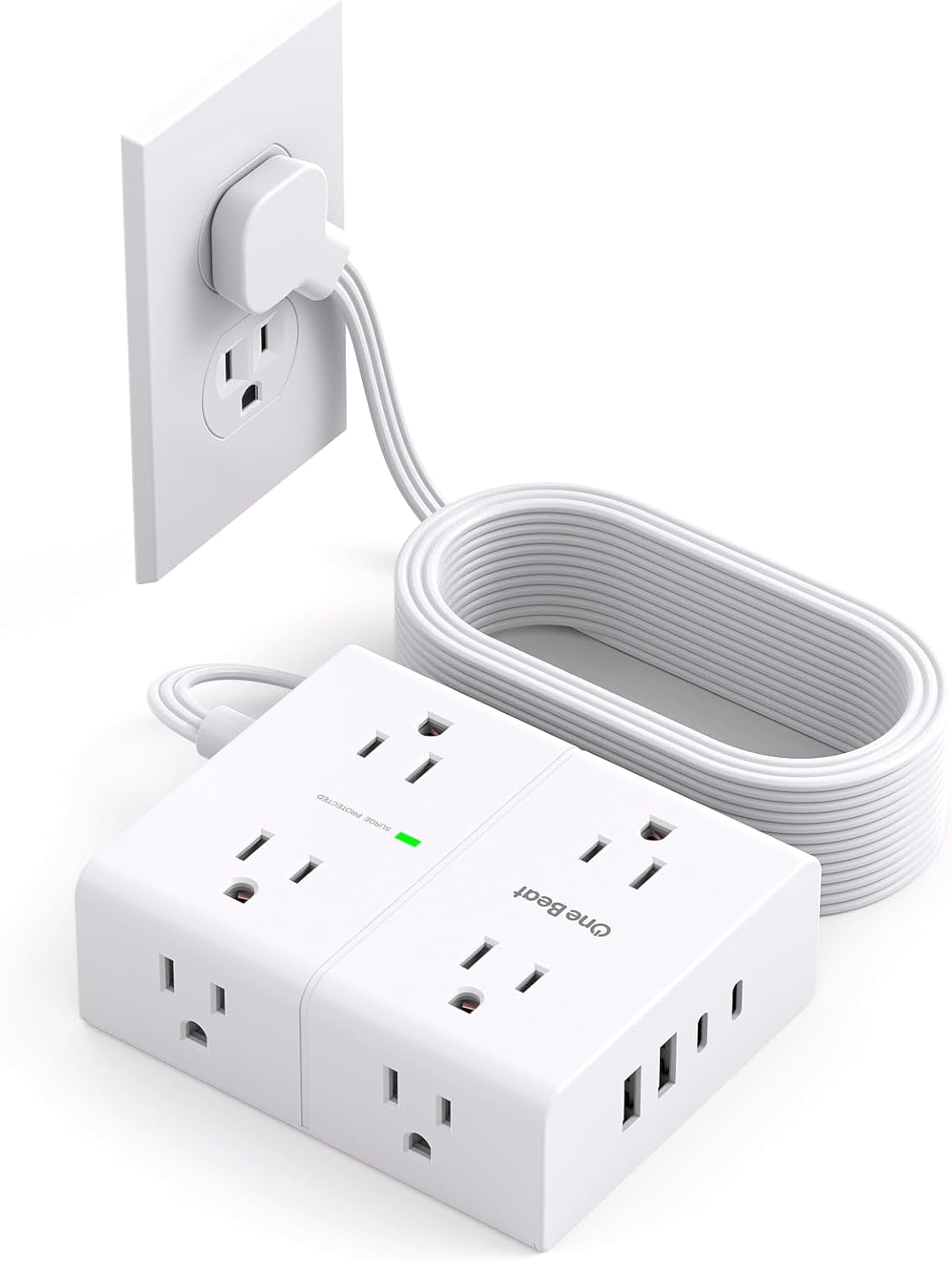 10Ft Extension Cord with Multiple Outlets, Flat Plug Sur Protector ...